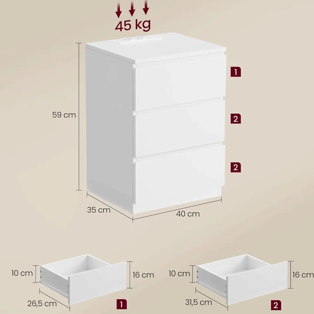 Autronic Noční stolek ANT-E1161 WT s nabíjecím panelem