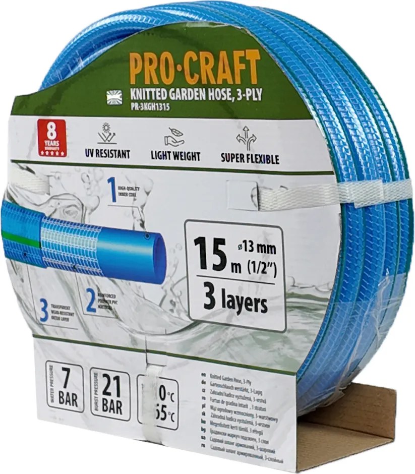Procraft PR-3KGH1315 - modrá zahradní hadice, 3 vrstvy, 1/2", 15m