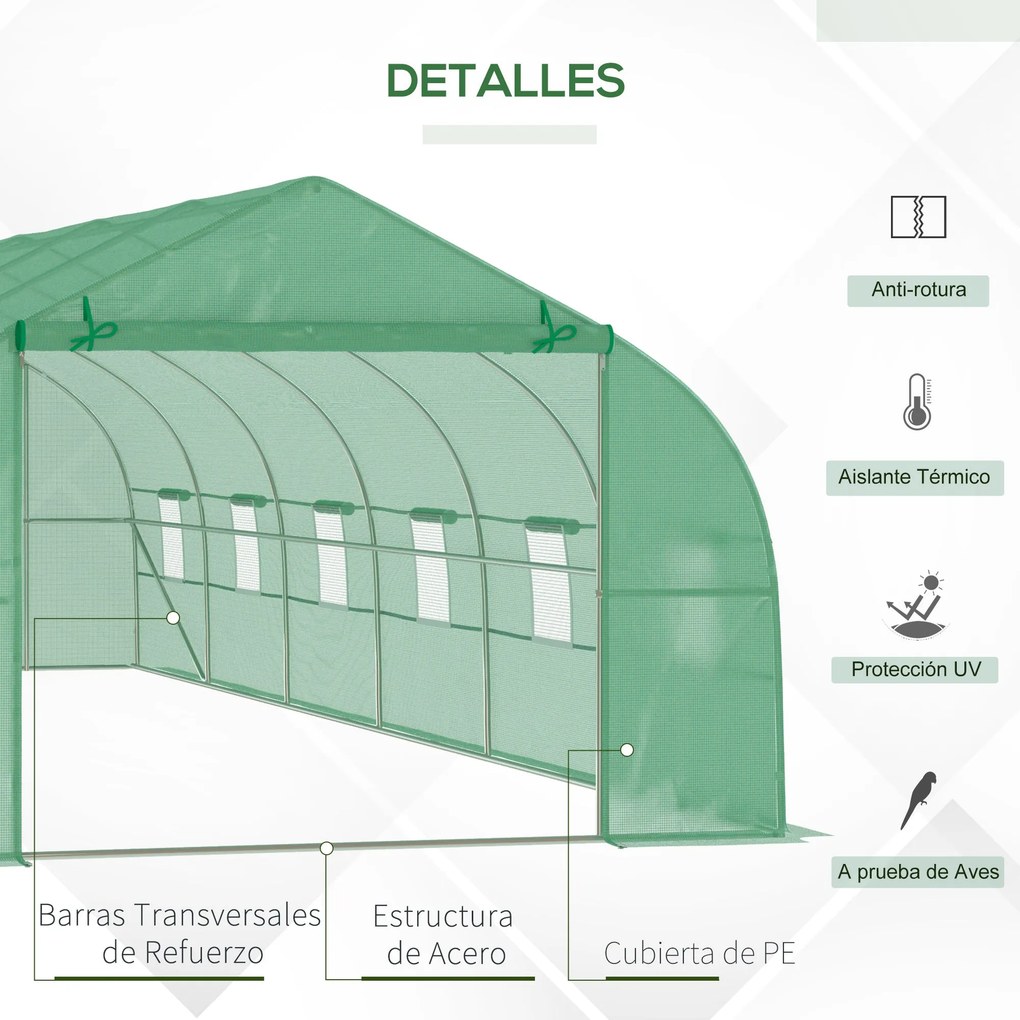 Outsunny Zahradní Greenhouse Tunel 8x3x2 m se 12 Okny a Rolovacím Dveřmi pro Pěstování Rostlin Rajčat a Zeleniny - Ocel a PE 140 g/m² Zelená