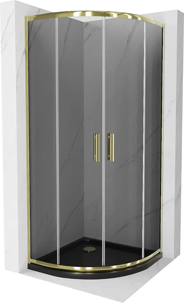 Mexen Rio, čtvrtkruhový sprchový kout s posuvnými dveřmi 90 (dveře) x 90 (dveře) x 190 cm, 5mm šedé sklo, zlatý profil + černá sprchová vanička SLIM, 863-090-090-50-40-4170G