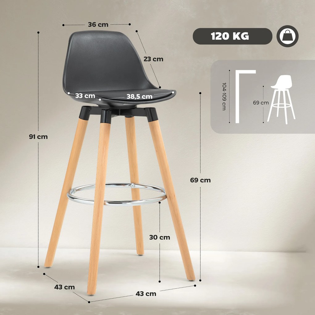 HOMCOM Sada 2 vysokých kuchyňských barových židlí, výška sedáku 69 cm, čalouněné PU s opěrkou a dřevěnými nohami pro jídelnu, černé