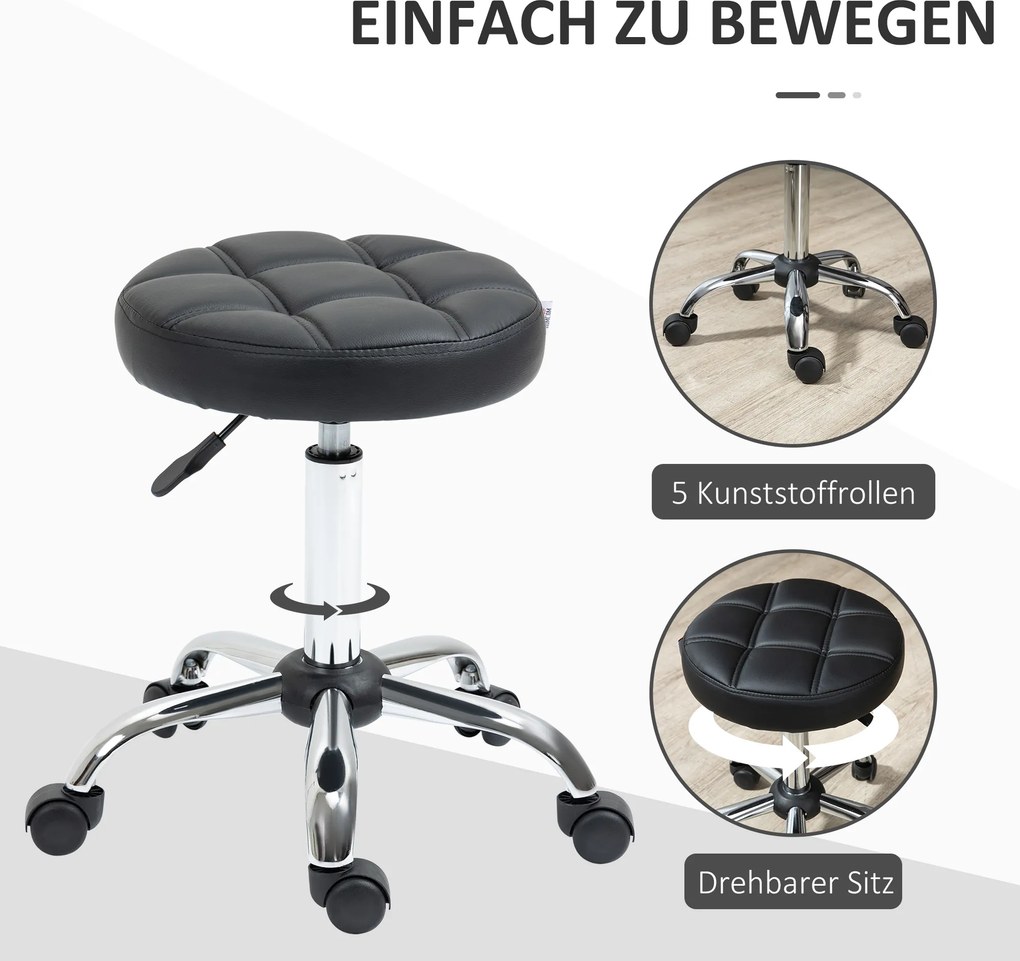 Vinsetto Roll Stool Výškově nastavitelná otočná pracovní stolička černá Ø35,5 cm, umělá kůže pro kancelář a salon 51-67 cm | Aosom.de
