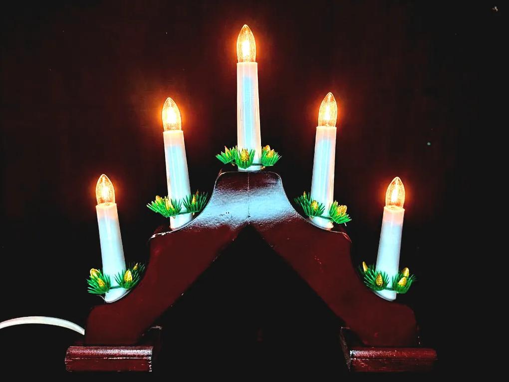 Vánoční dřevěný svícen ve tvaru pyramidy, vínová barva, 5 svíček, teplá bílá,