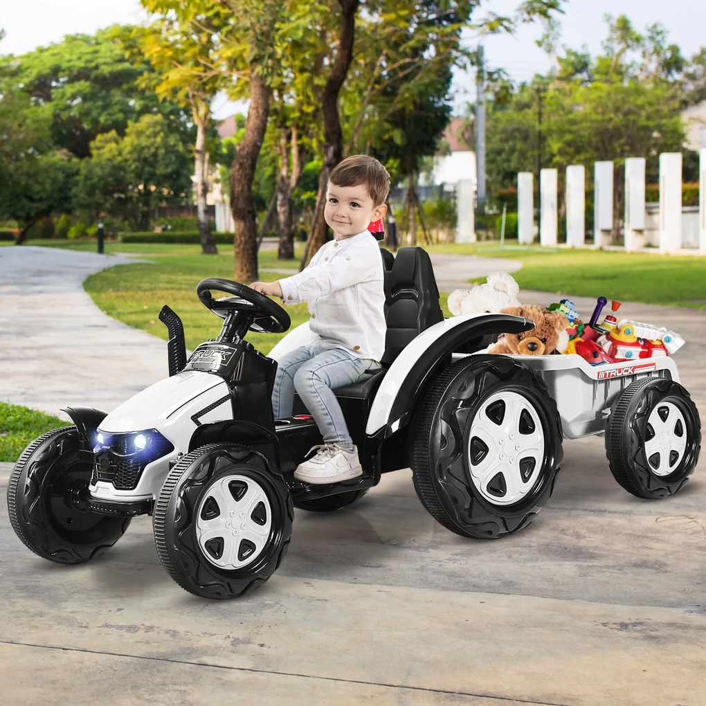 Costway Traktor na hraní s přívěsem pro děti 12 V pojízdný traktor, bílý