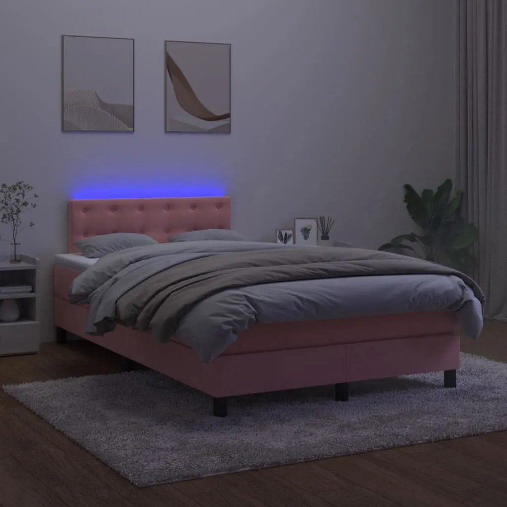 Box spring postel s matrací a LED růžová 120 x 190 cm samet