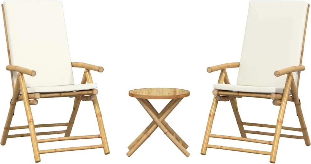 3dílný skládací bistro set s krémově bílými poduškami bambus 3208937