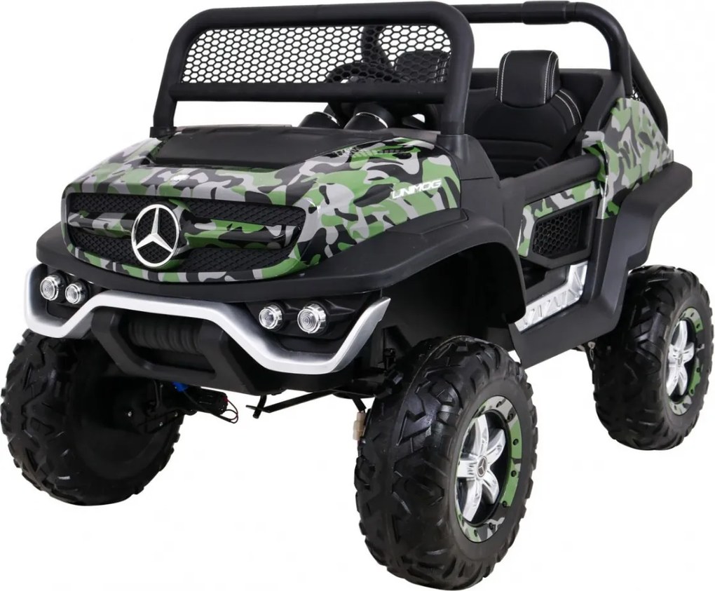 Ramiz Mercedes Benz Unimog elektrické autíčko pro děti maskáčové + pohon 4x4 + dálkové ovládání + nosič zavazadel + pomalý start + rádio MP3 + LED