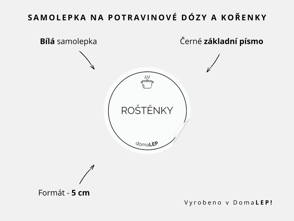ROŠTĚNKY - omyvatelná samolepka na kořenky, výběr rozměrů Ø 5 cm / 5 x 5 cm / 6 x 8 cm | DomaLEP tvar: ČTVEREC, barva: BÍLÁ - ČERNÉ písmo, velikost: š. 5 cm x v. 5 cm - tučné písmo
