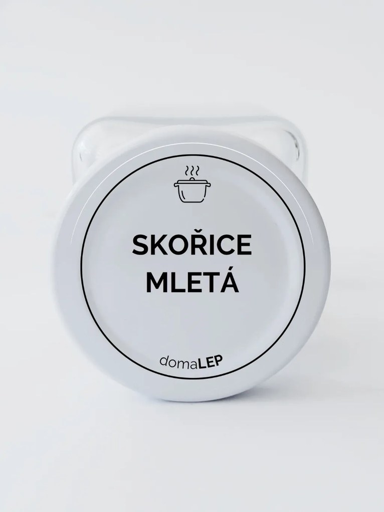 Samolepka na kořenky SKOŘICE MLETÁ průhledná 5 cm tučné písmo