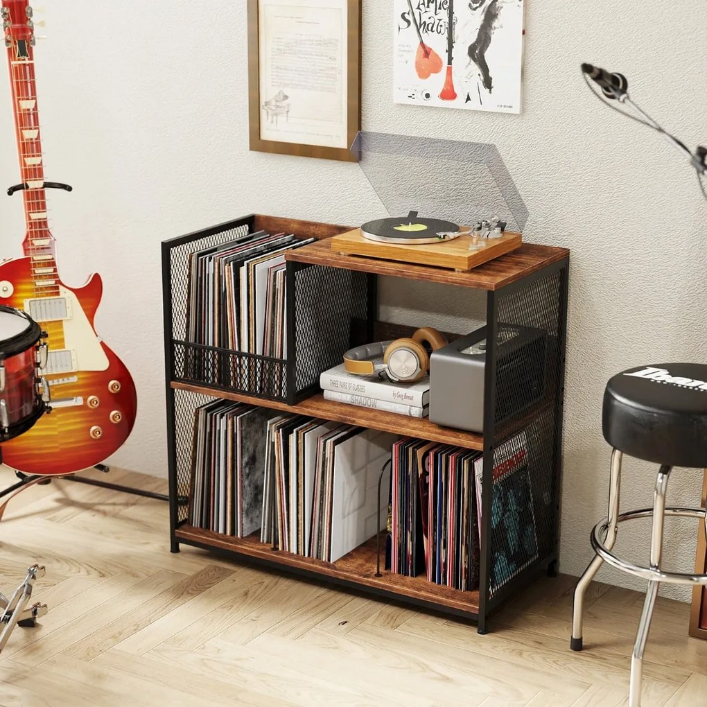 Costway Třípatrový stolek na gramofon až pro 300 desek, hnědý