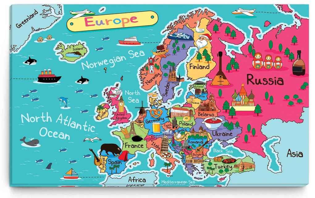 Malvis ® Dětský obraz Mapa Evropa Velikost: obdélník - 100x60 cm