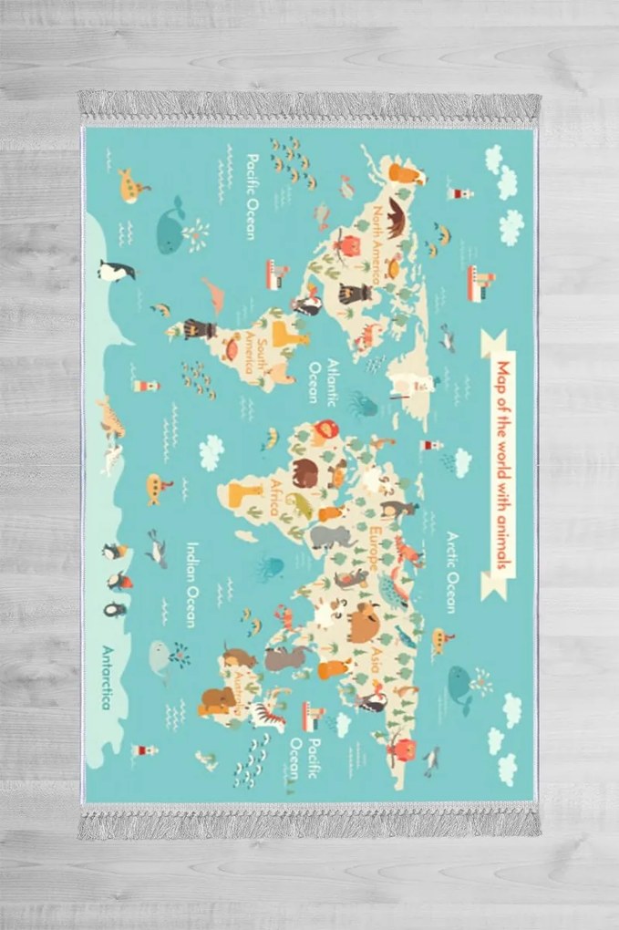 Dětský koberec Mapa zvířecího světa 80x150 cm modrý