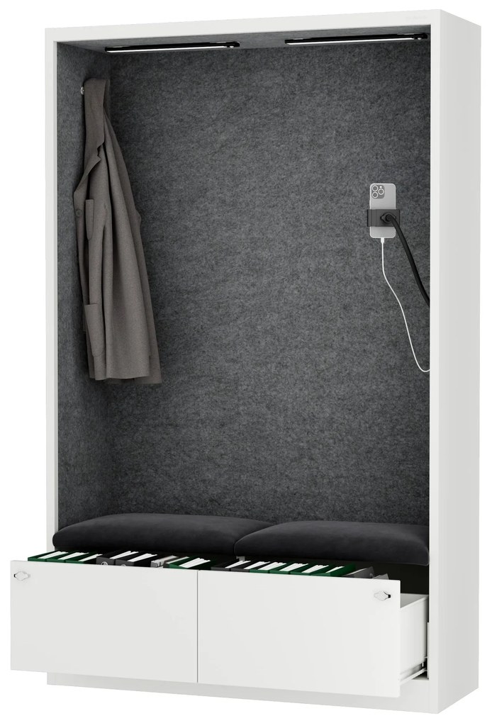Kancelářská akustická kabina se sedátkem a USB-C portem, korpus bílý / sedák tmavě šedá, 1150 mm: SALLY MentalBox