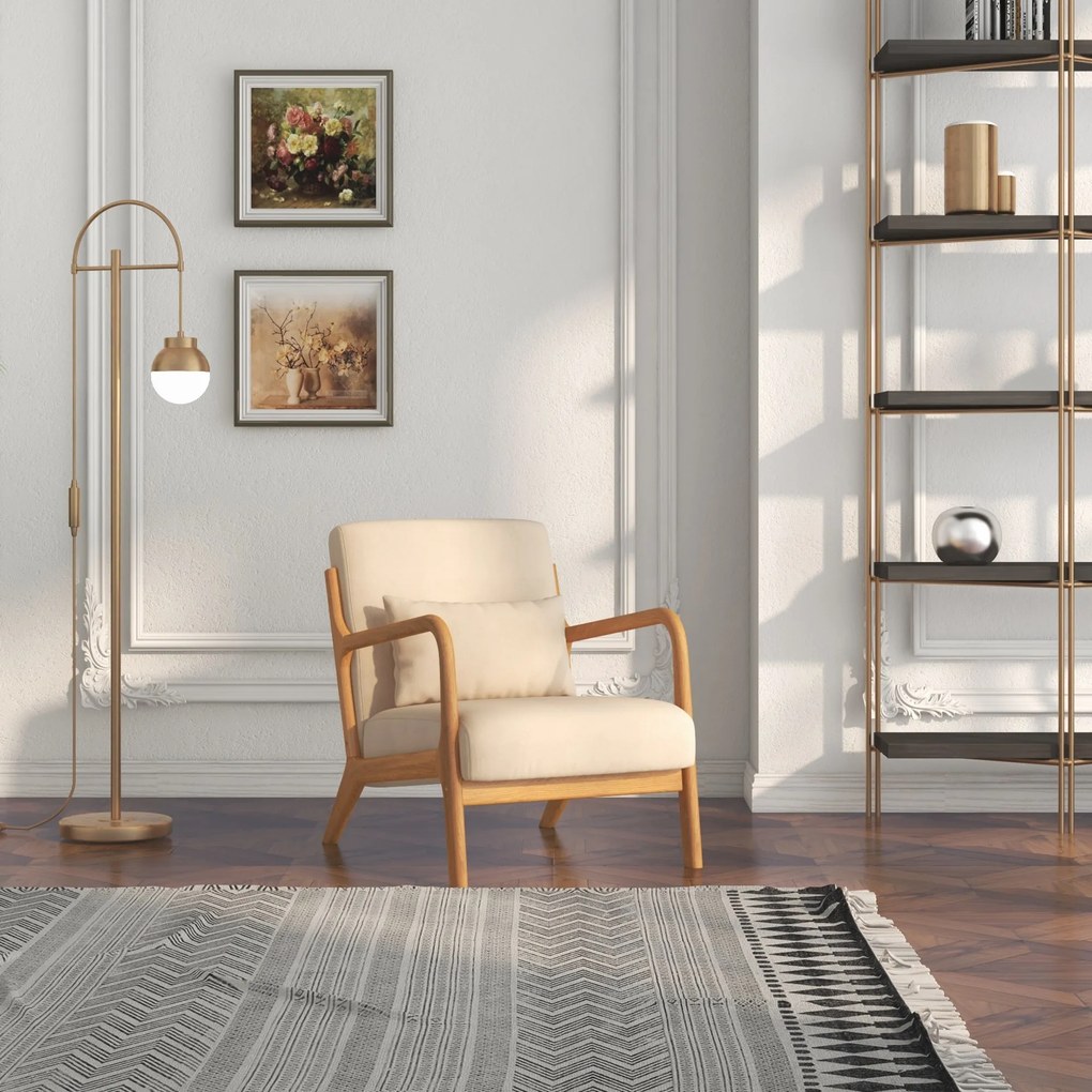 HOMCOM Lounge Křeslo Nordic Styl s Područky a Polštem, Rám z Gumového Dřeva pro Obývací Pokoj, Nosnost 120 kg, 61x78x76 cm, Béžové