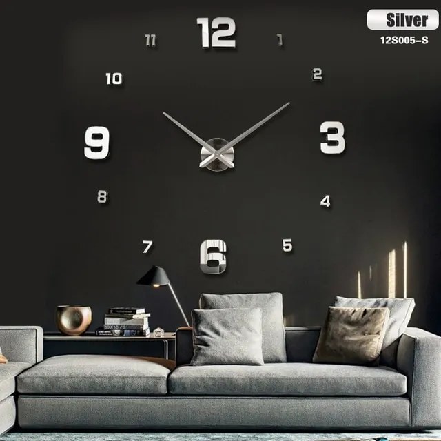 3D nalepovací nástěnné hodiny / průměr 120cm / stříbrné