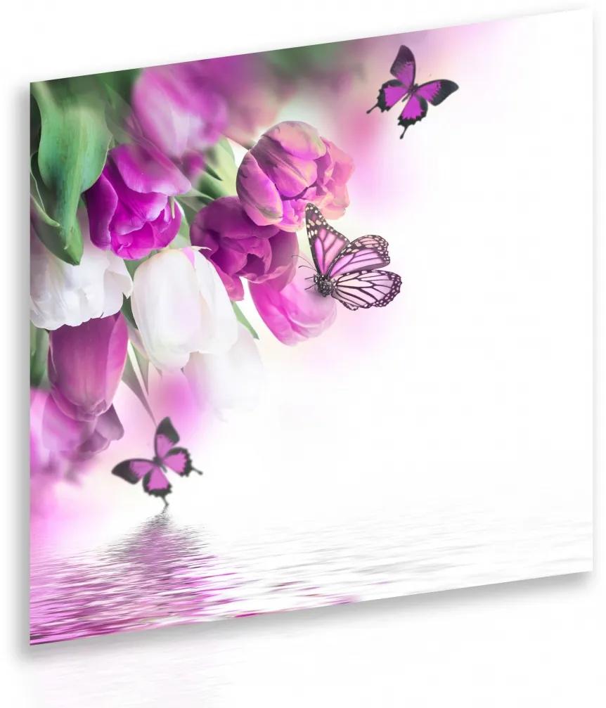 InSmile ® Obraz na plátně - fialoví motýli s tulipány Velikost: 60x60 cm