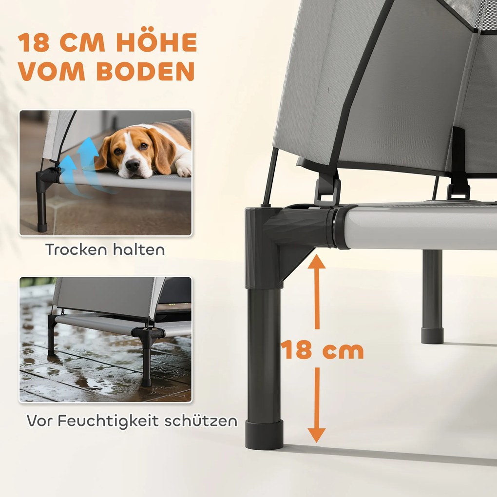 PawHut Venkovní lehátko pro psy se stříškou, vyvýšený pelíšek pro středně velké psy, s ocelovým rámem, 76x61x70 cm, světle šedá barva
