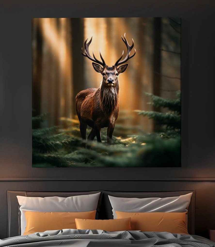 Obraz na plátně - Jelen hrdě stojí v jehličnatém lese FeelHappy.cz Velikost obrazu: 120 x 120 cm