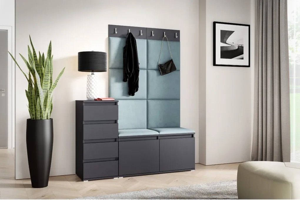 Eka Předsíňová stěna s čalouněnými panely Trinity 34 - Grafit / Světlá modrá 2322