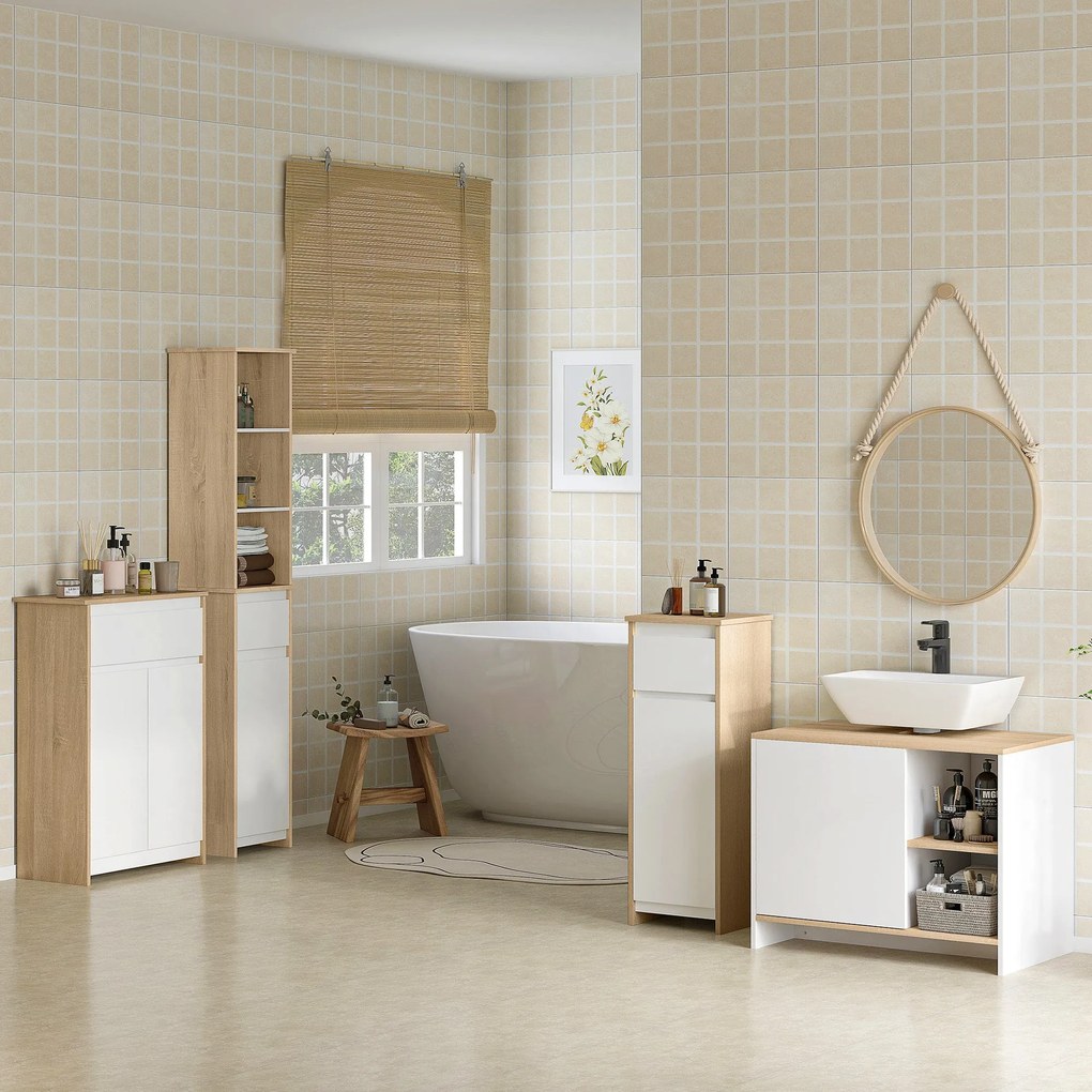 Moderní koupelnová skříňka pod umyvadlo kleankin s přihrádkami a dveřmi 77x45x60 cm Bílá a Přírodní
