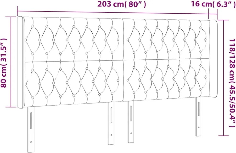 Čelo postele s LED černé 203 x 16 x 118/128 cm samet 3124452