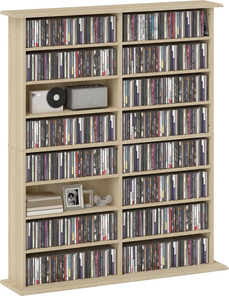 HOMCOM Úložný box na CD a DVD, multifunkční jednotka s 16 přihrádkami a 12 nastavitelnými policemi, max. kapacita 720 CD/396 DVD a Blu-ray, 106,5 x 24