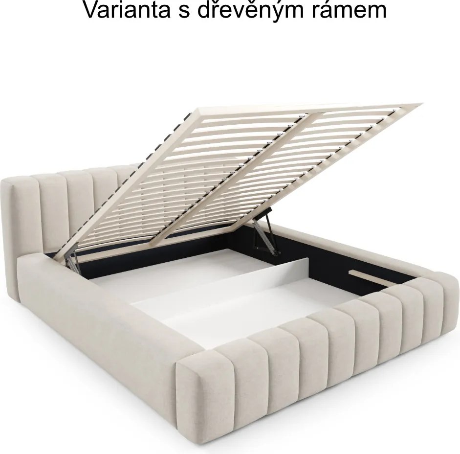 Čalouněná postel FRODIONE, 140x200 cm, s úložným prostorem a roštem Úložný prostor: S kovovým rámem úložného prostoru, Barva látky Wind: Světle hnědá (Wind 56)