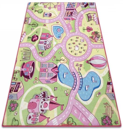 Dětský kusový koberec REBEL Sweet town 26 Ulice Město protiskluzový růžový zelený Rozměr: 95x133 cm