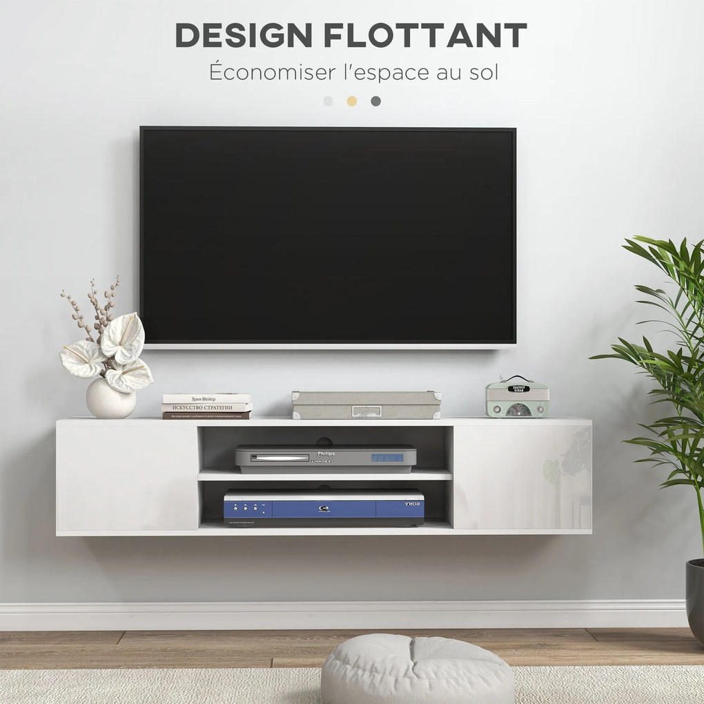 HOMCOM Nástěnný televizní stolek v moderním stylu - 2 skříňky, 2 centrální nika a 2 otvory pro správu kabelů 140 x 30 cm bílá