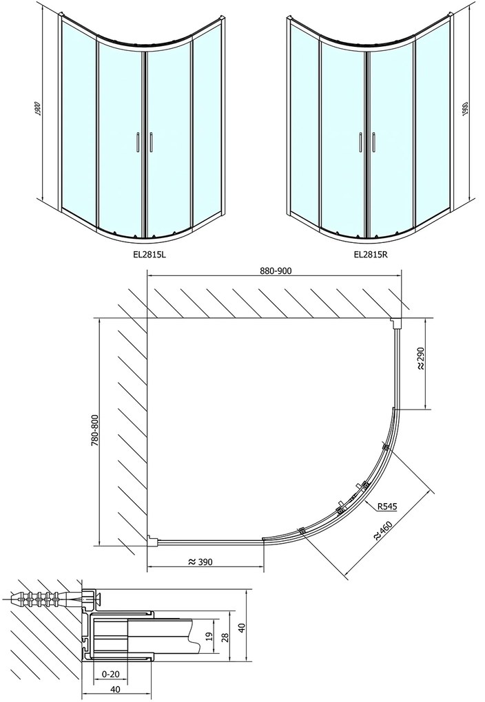 Polysan, EASY LINE čtvrtkruhová sprchová zástěna 900x800mm, L/R, číré sklo, EL2815