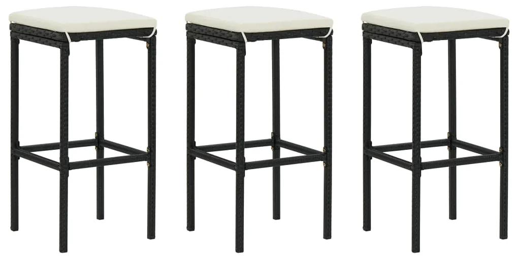 vidaXL Barové stoličky s poduškami 3 ks černé polyratan
