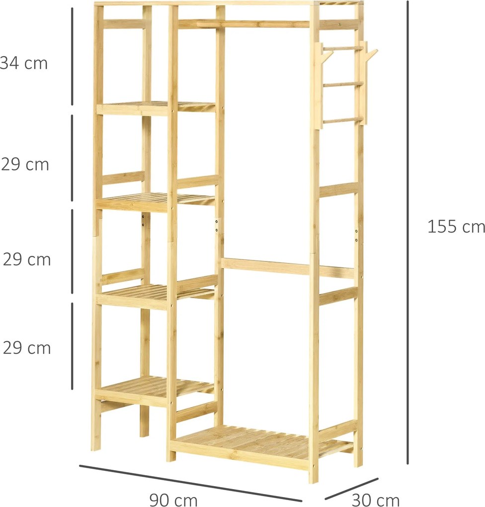 HOMCOM Bambusový věšák na kabáty s 4 policemi, spodní tyčí a bočními háčky na oblečení a tašky, 90x30x155 cm, přírodní