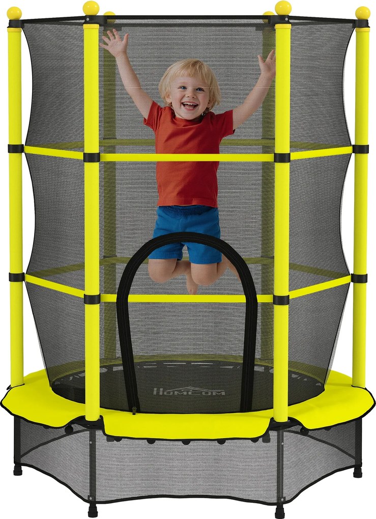 HOMCOM dětský trampolína Ø140 cm pro děti 3-10 let s bezpečnostní sítí, nosnost 50 kg, do interiéru i exteriéru, žlutá