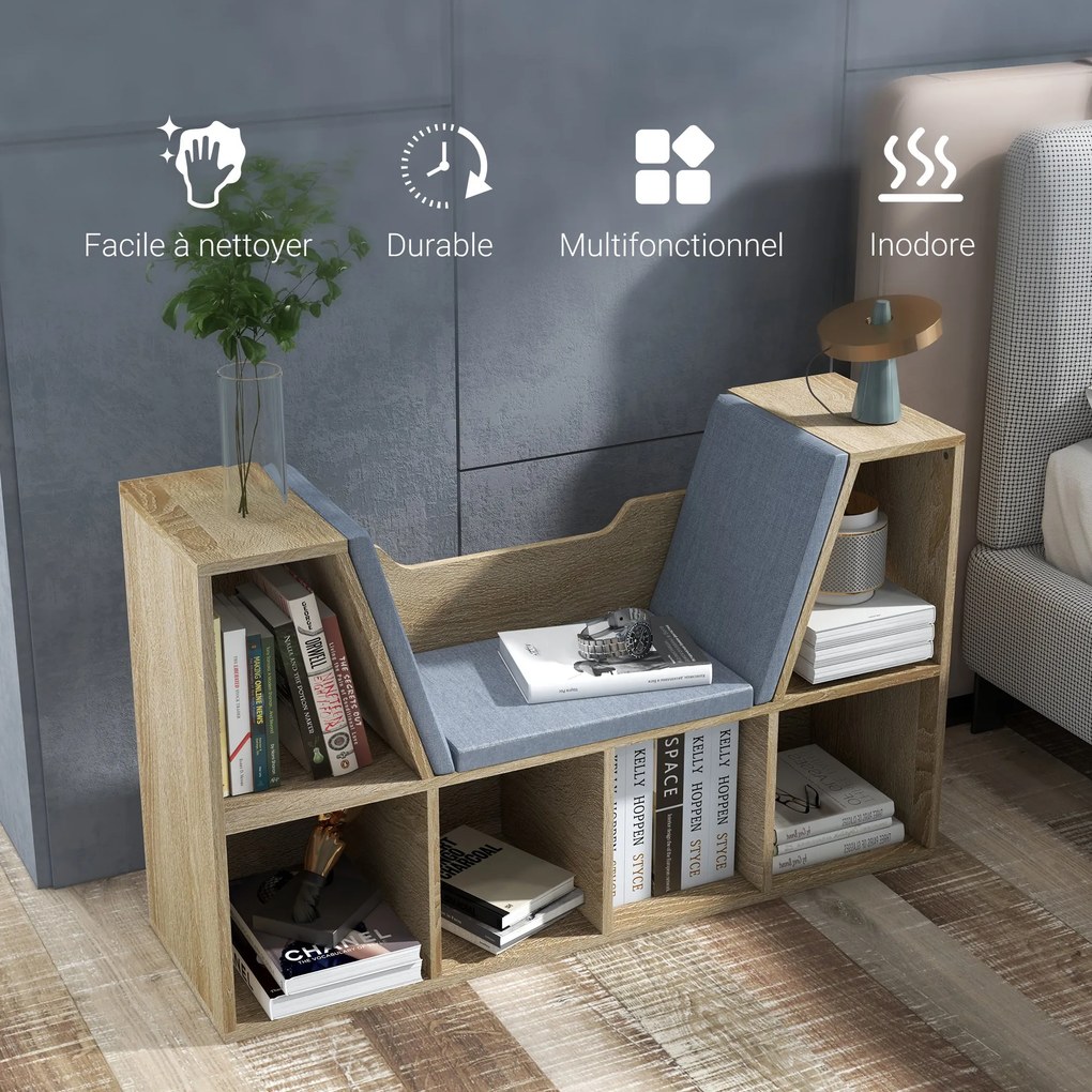 HOMCOM Moderní design 2-v-1 Knihovna s lavičkou s 6 přihrádkami a 3 polštáři Dub šedý 102D x 30Š x 61V cm