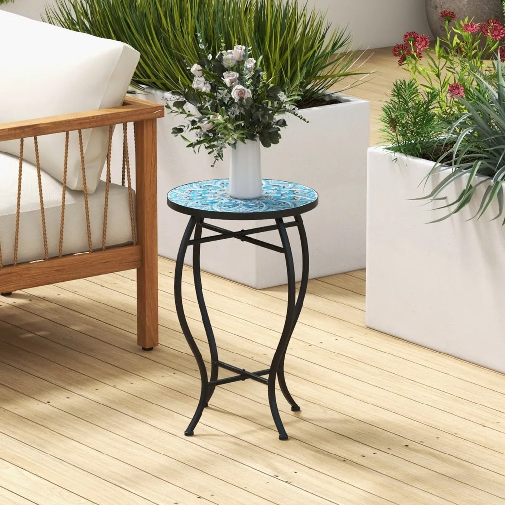 Costway Odkládací stolek kulatý mozaikový bistro modrá a – 35 × 55 cm