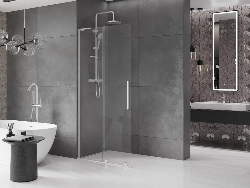 Mexen Velar L, posuvná sprchová zástěna Walk-in 110 x 200 cm, 8mm čiré sklo, broušená ocel, 871-110-003-03-97