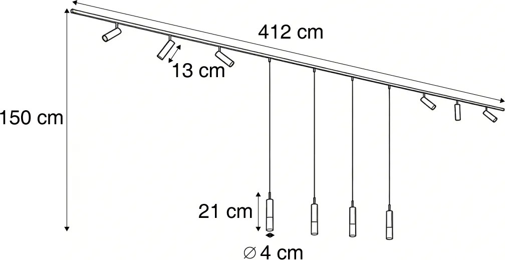 Moderní kolejnicový systém černý s 6 bodovými světly a 4 závěsnými světly tmavě bronzový 1-fázový - Slimline Uzzy Loyce