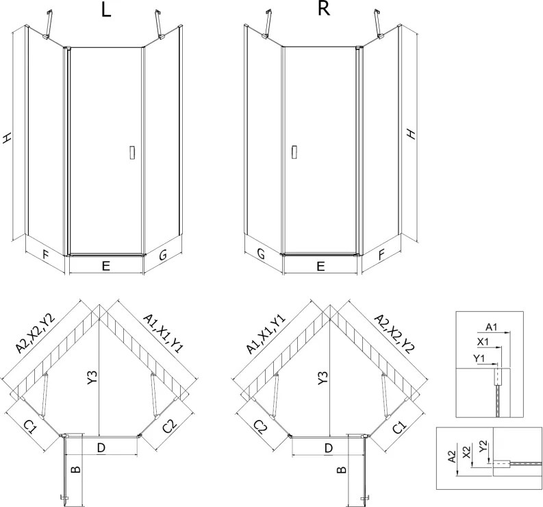Mexen Mist, pětiúhelníkový sprchový kout, pravý 90 x 90 cm, čiré sklo-černá mřížka, 8A8-090-090-70-77-P