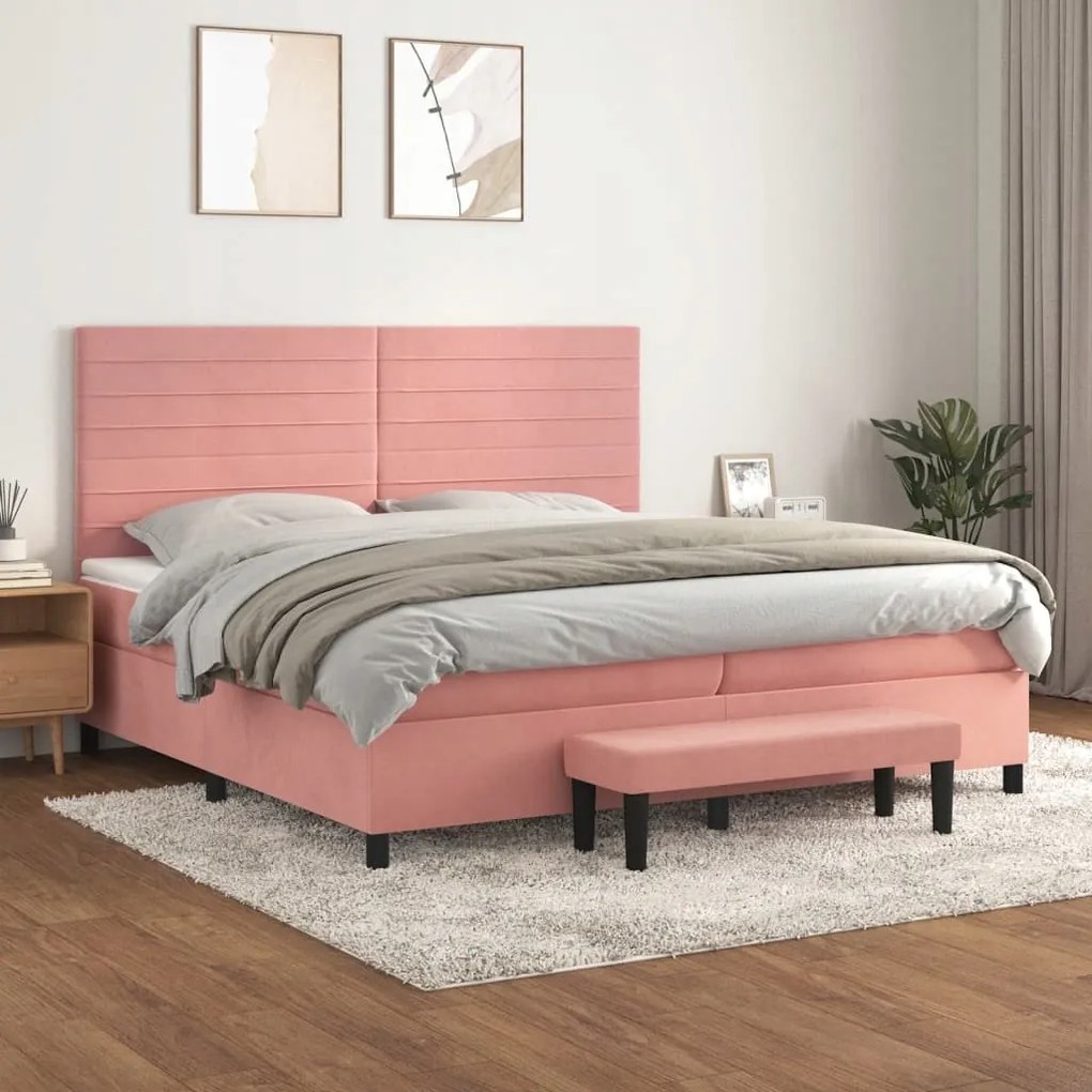 Box Spring Postel S Matrací Samet Růžová vodorovné pruhy 200 x 200 cm