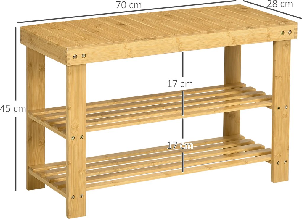 HOMCOM Lavice na boty Šatní lavice z bambusu se 3 policemi na 6 párů bot, botník 70 x 28 x 45 cm, přírodní řešení úložného prostoru | Aosom.de