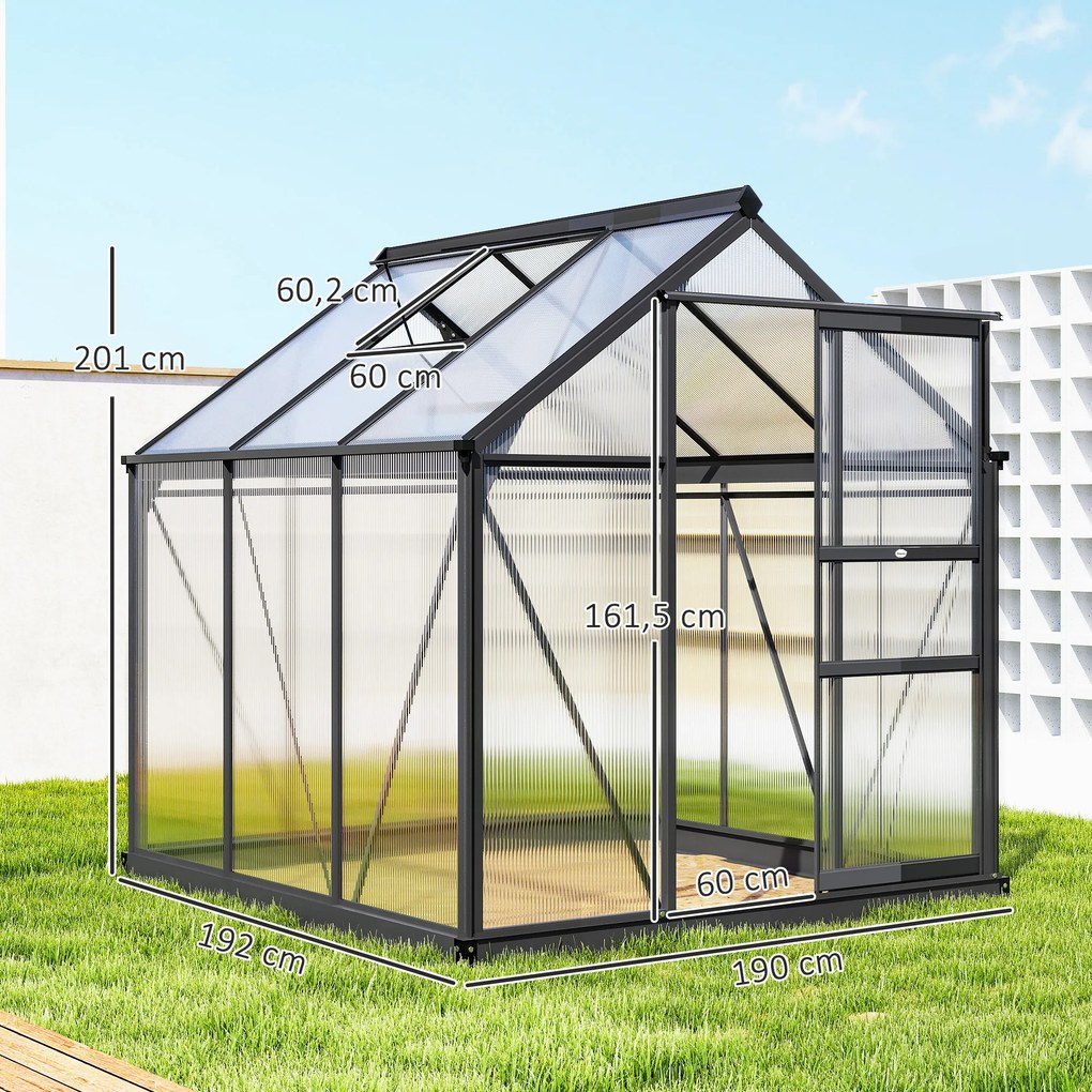Zahradní skleník Outsunny z polykarbonátu 3,65 m² hliníkový skleník pro zahradu 190 x 192 x 201 cm odolný vůči UV záření, se zpevněným základem, okap…