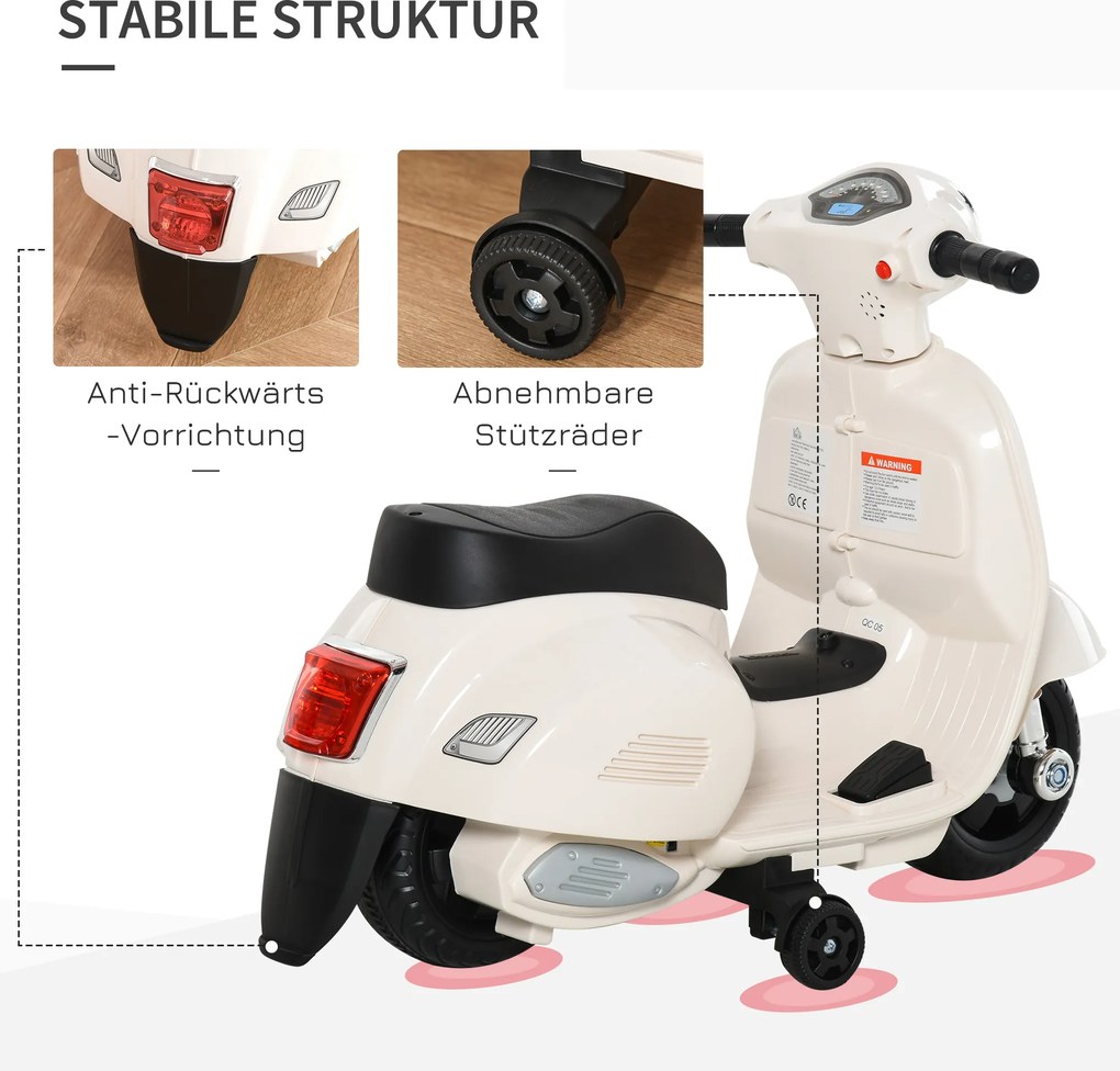 HOMCOM VESPA elektrická motorka pro děti, 18-36 měsíců, 3 km/h, LED světlo a zvuk, PP plast a kov, bílá, 66.5x38x52cm