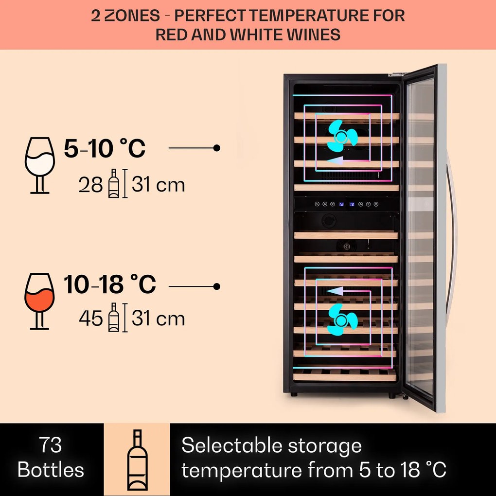 Klarstein Vinamour 73 Duo, vinotéka, 192 l/73 lahví, 2 zóny, 5-18 °C, dotykové ovládání
