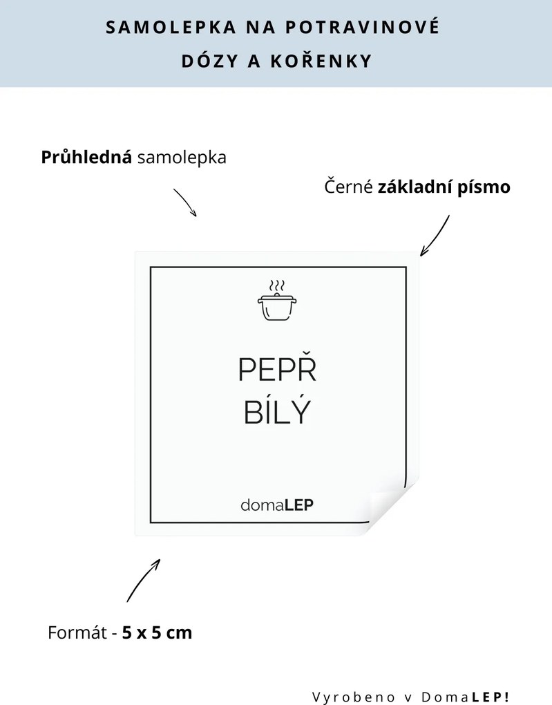 Samolepka na kořenky PEPŘ BÍLÝ průhledná 5 × 5 cm základní písmo