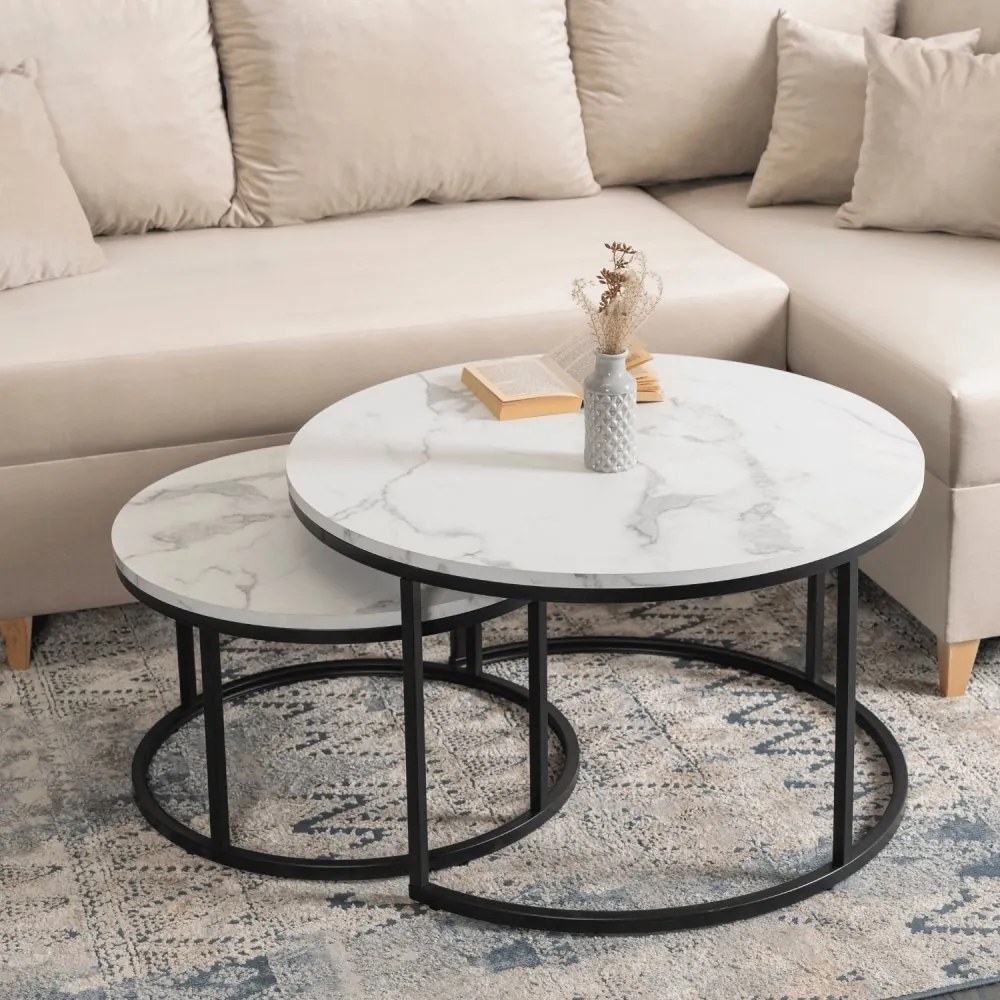 Mebel Elite Elegantní sada stolků DAFNE MAX, bílý mramor a černý kov Meble Elite