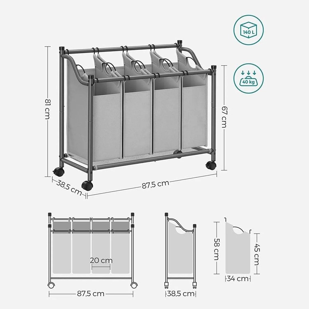 Prádelní koš na kolečkách 4 x 35l, se 4 vyjímatelnými taškami, šedá