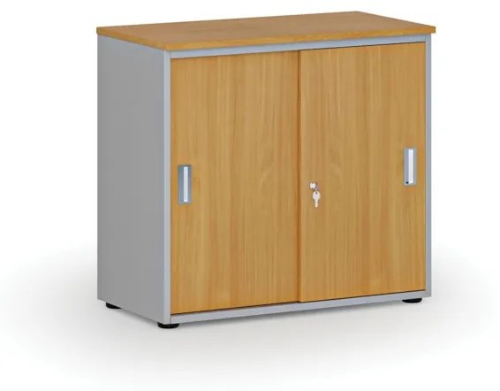 Kancelářská skříň se zasouvacími dveřmi PRIMO GRAY, 740 x 800 x 420 mm, šedá/buk