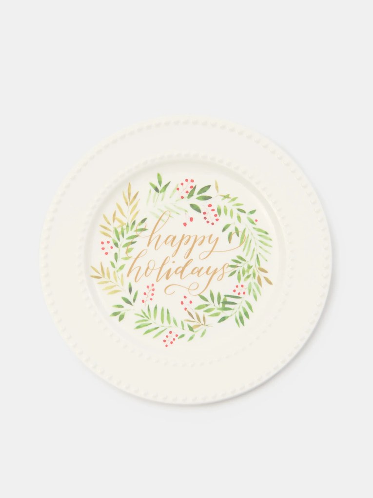 Sinsay - Vánoční keramický talíř s nápisem Happy Holidays - bílá
