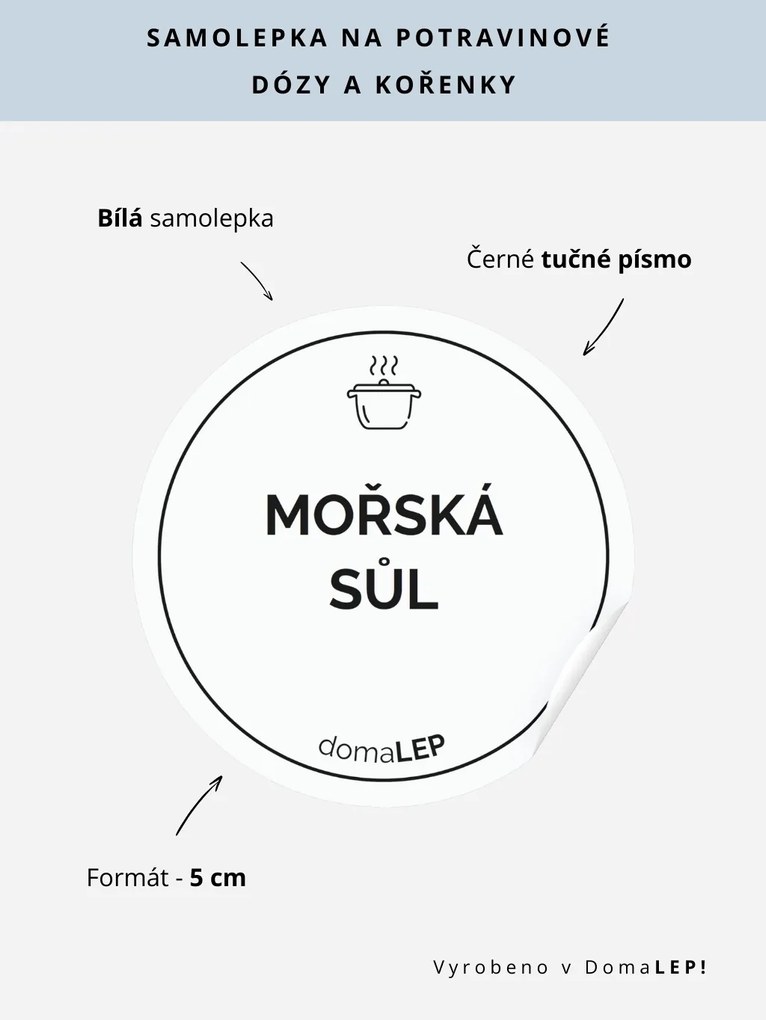 MOŘSKÁ SŮL – bílá samolepka na dózu, tučné písmo, 5 cm | DomaLEP