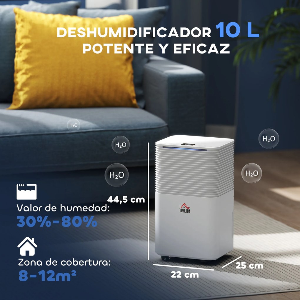 HOMCOM Tichý odvlhčovač vzduchu 10 l/den s 3 režimy, LED displej, 24h časovač, dětská pojistka a nepřetržité odvodnění, bílá